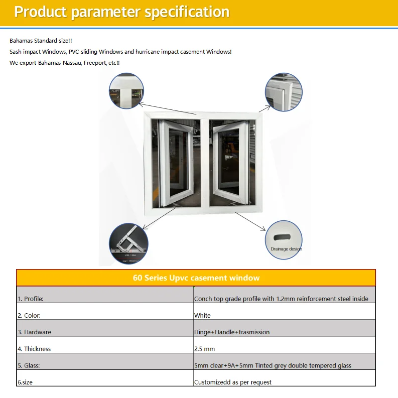 PVC House Window Double Glazed Swing Out Hurricane Impact UPVC Glass ...