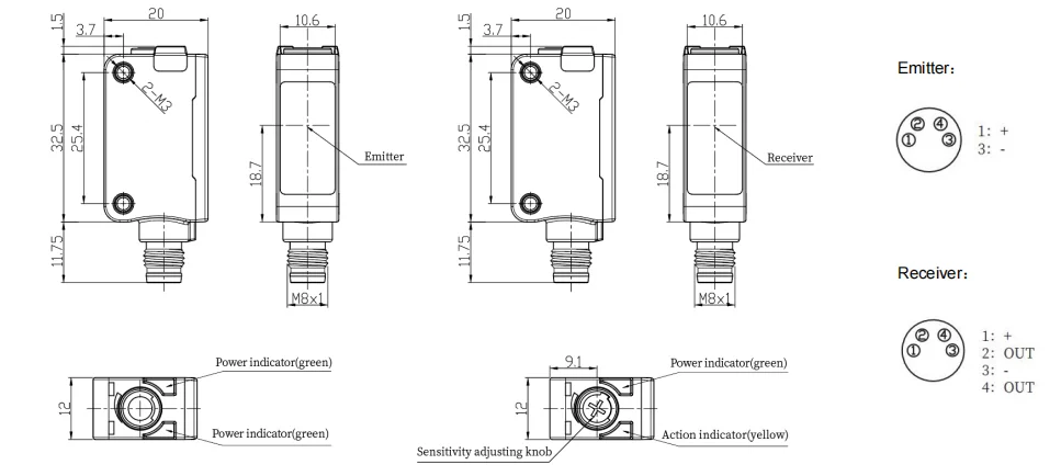 IP67 24V 12V CE NPN NO+NC 10g 30m Plastic Photoelectric Sensors