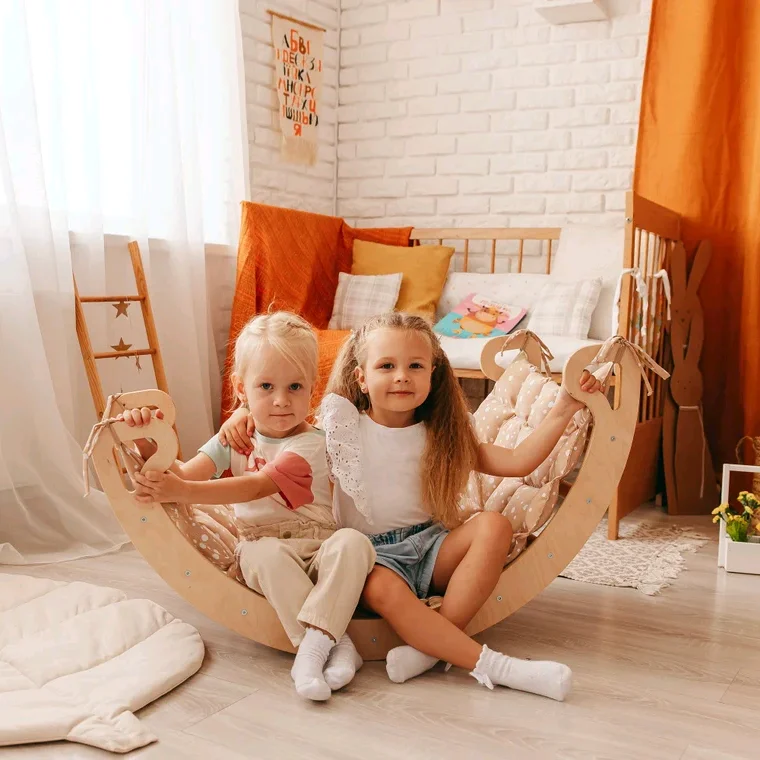 Children Wooden Balance Rocking Rainbow Bed Climbing Interactive Arch ...