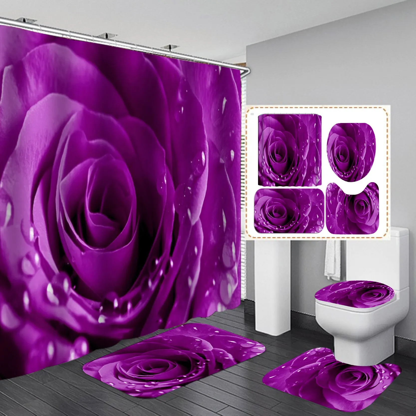 Customized Rose Flowers Waterproof Shower Curtain 4pcs Set Buy