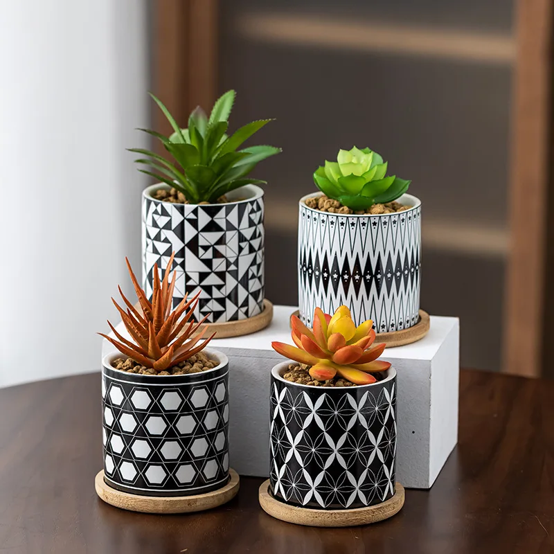 Geometric Figures Ceramic Flower Pots & Planters Inexpensive Black And ...