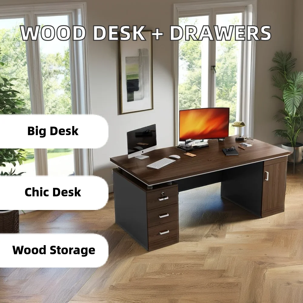 Modern Brown Wood Computer Desk with 2 Side Drawers for Home and Office ...