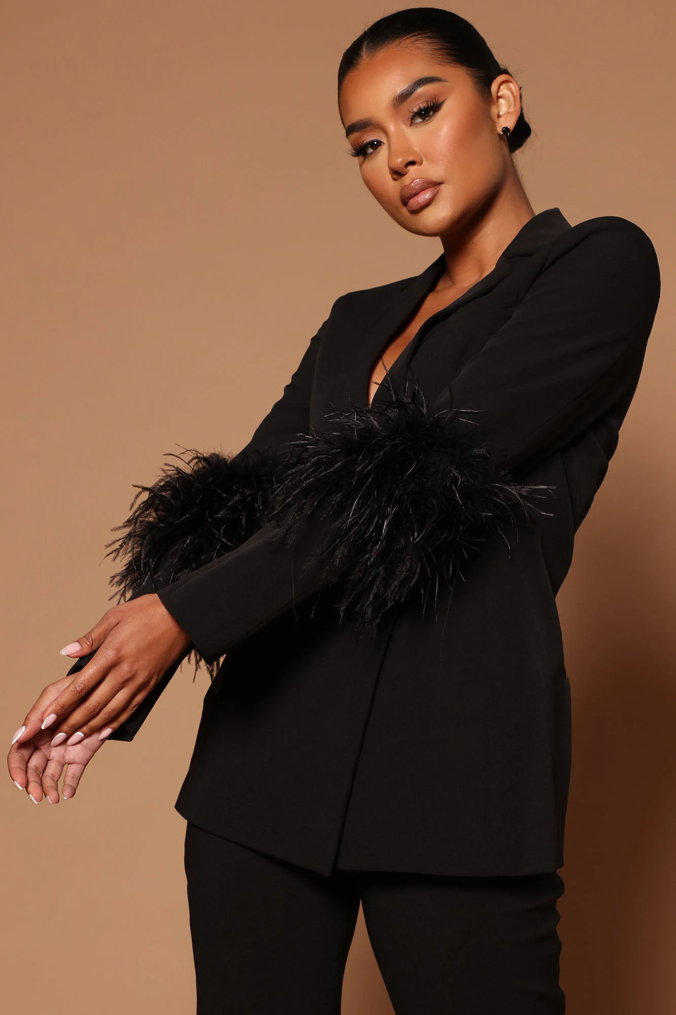 Customize Women's Double Breasted Blazer Sexy Black Feather Blazer Suit ...