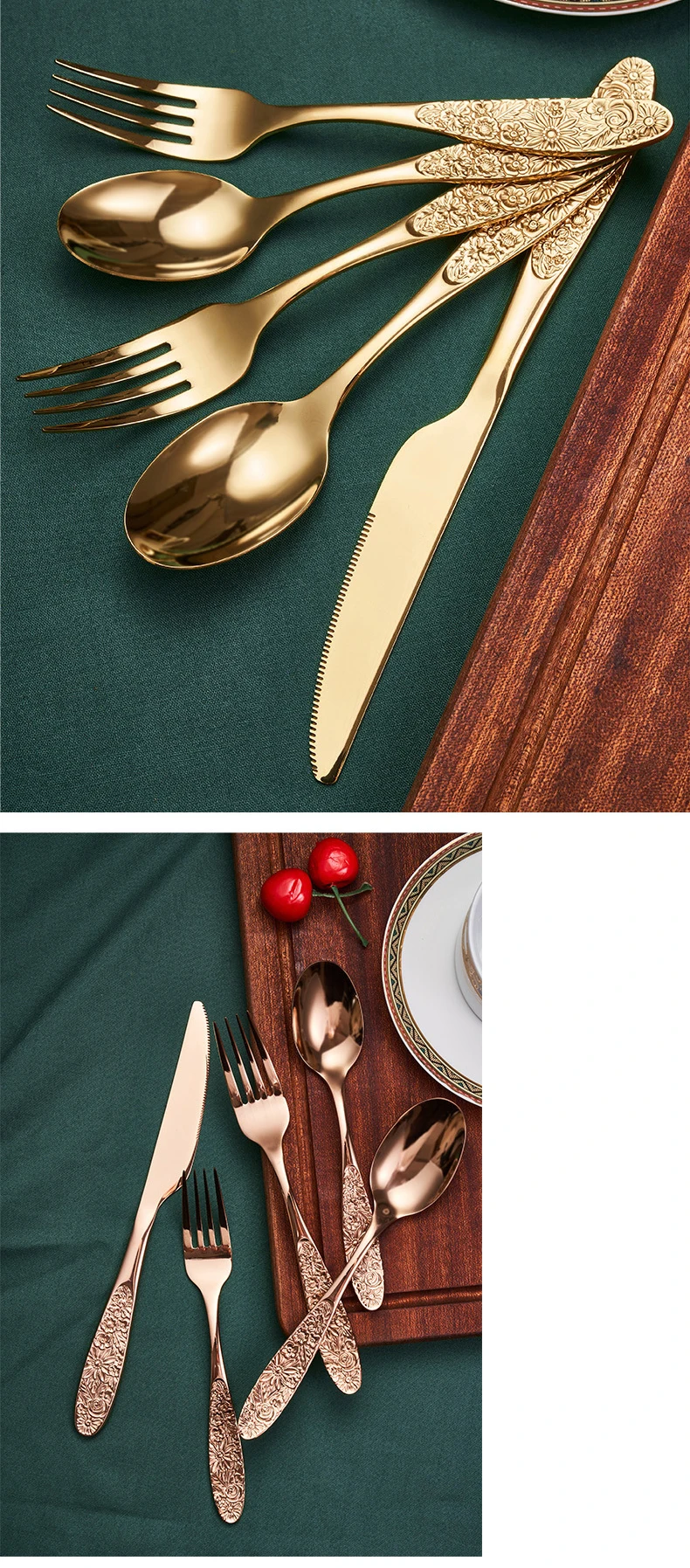 Stainless Steel Flatware Set with Retro Carved Flower Handle