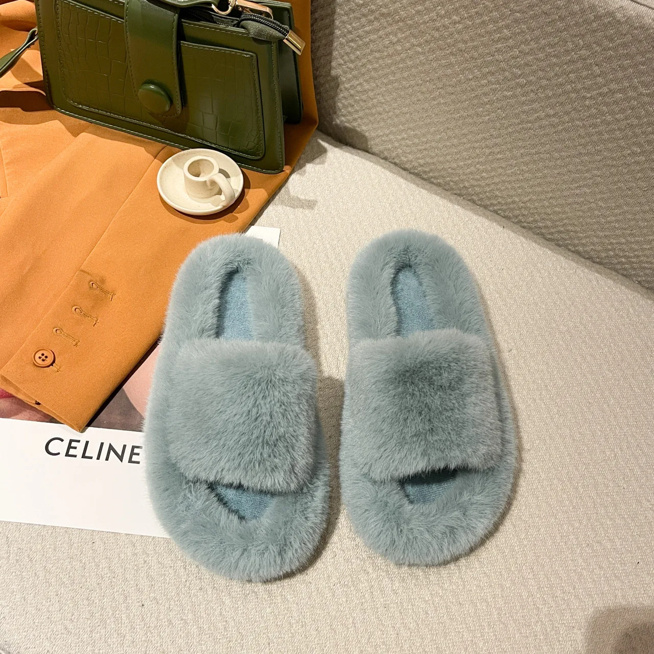 Soft Warm Plush Furry Open Toe Fur Slides Fuzzy Fluffy House Indoor ...