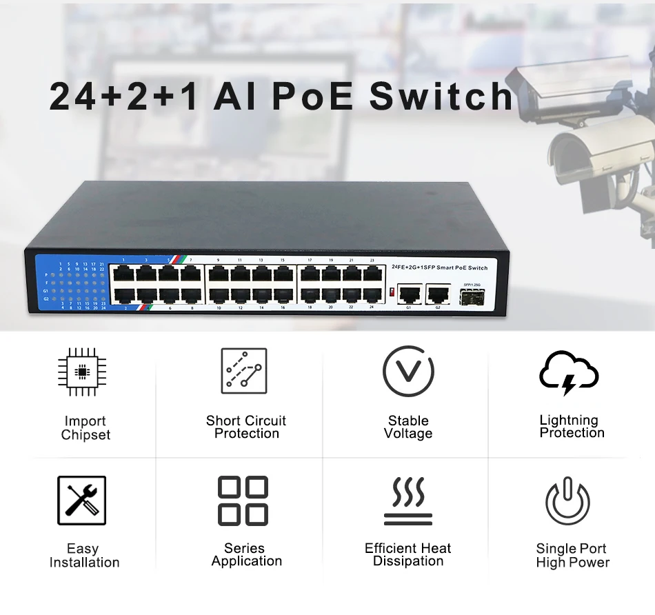 Best Quality Poe Switch 24 Port Ieee802.3af at 48v 52v 6a