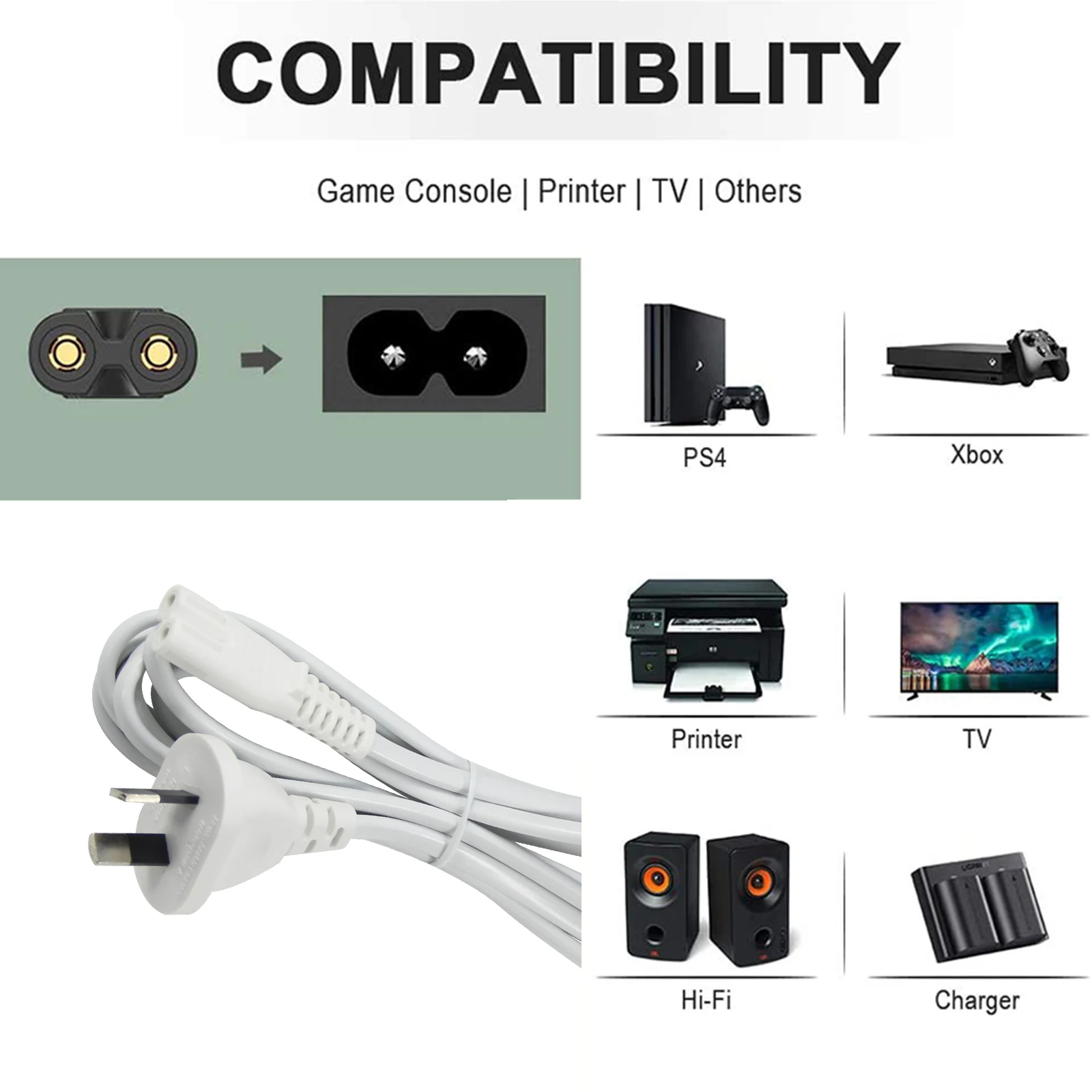 White Tv Cord Iec Iec-c7 1m X Box Power Figure 8 2 Prong C7 Extension ...