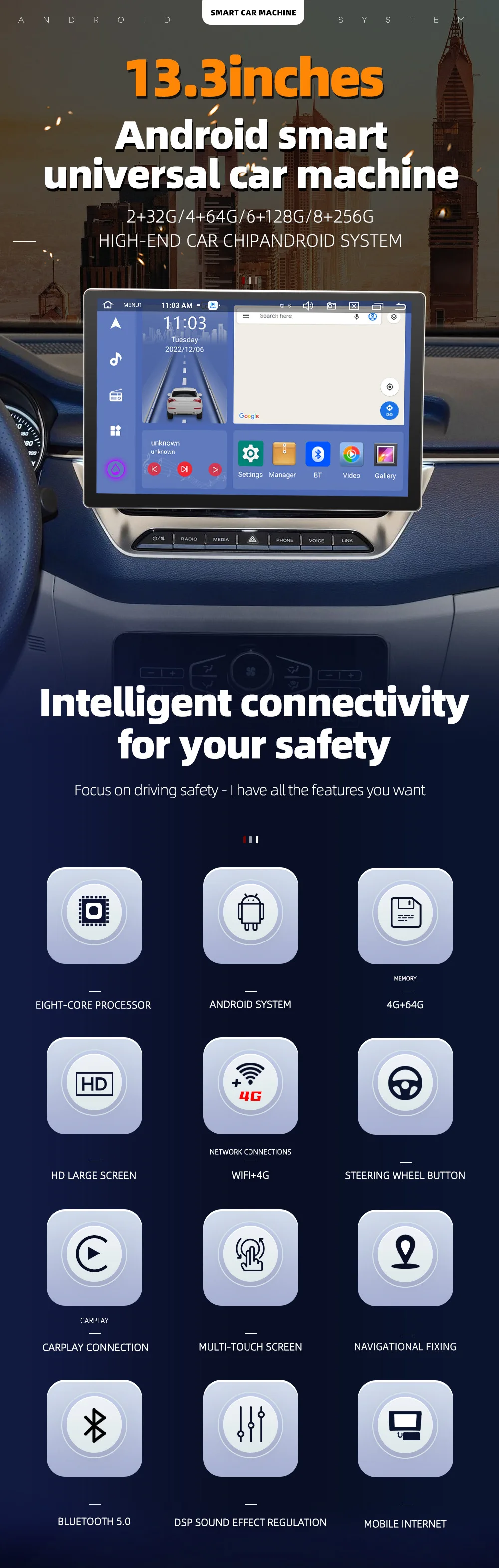 Universal Auto Android Car Radio - 13.3" QLED Touch Screen