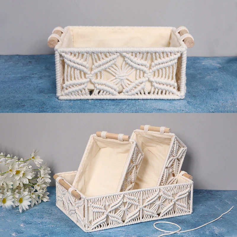 Handmade Woven Decor Macrame Storage Baskets Box Organizer With Wood Handles Removable Washable ...