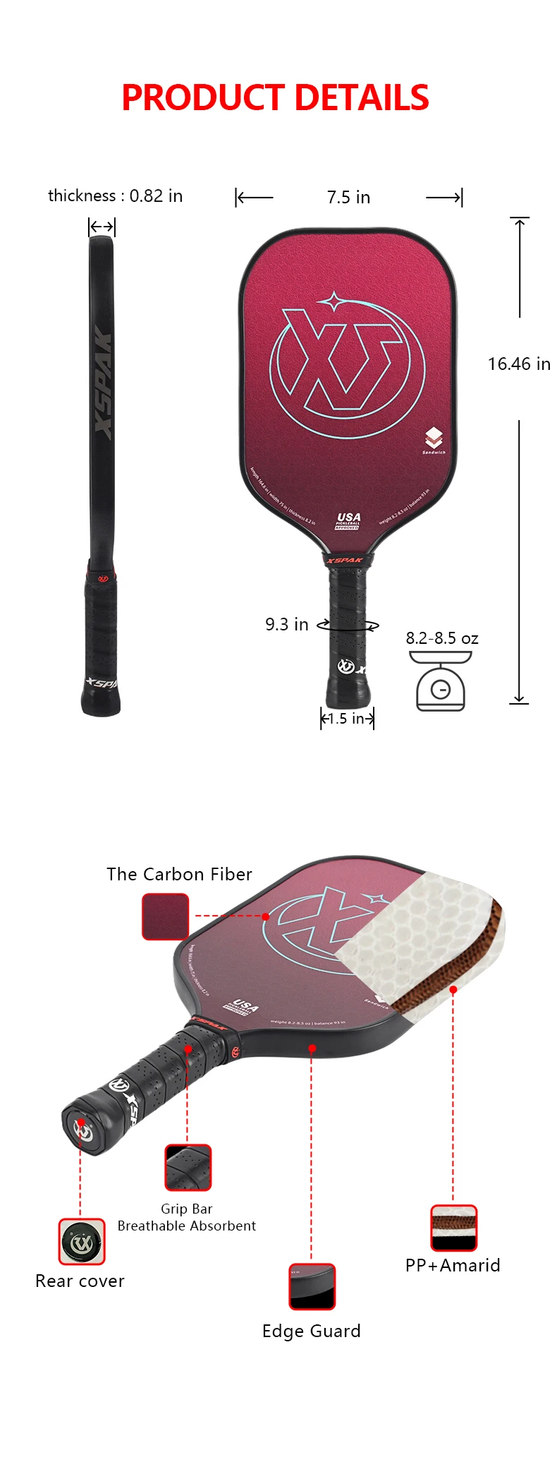 USAPA Approved Honeycomb Core Pickleball Racket Carbon Fiber Pickleball ...