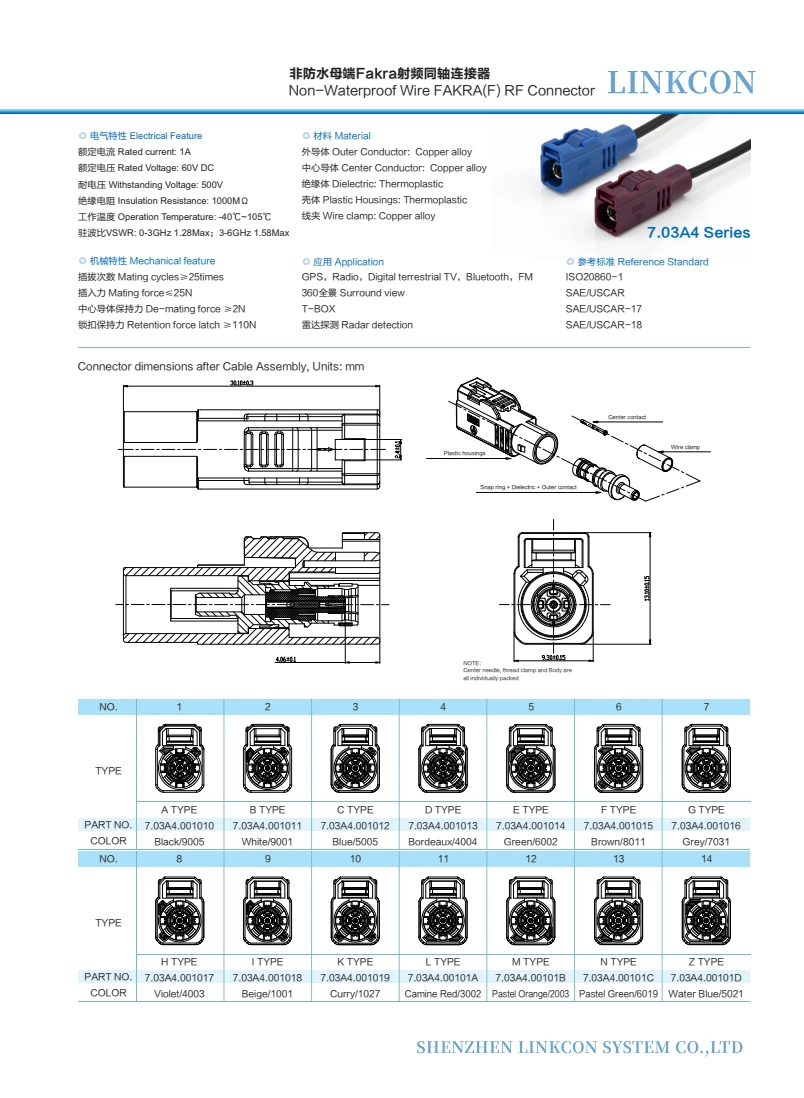 Waterproof Wire FAKRA RF Connector 7.03A8 Series for Audio & Video ...