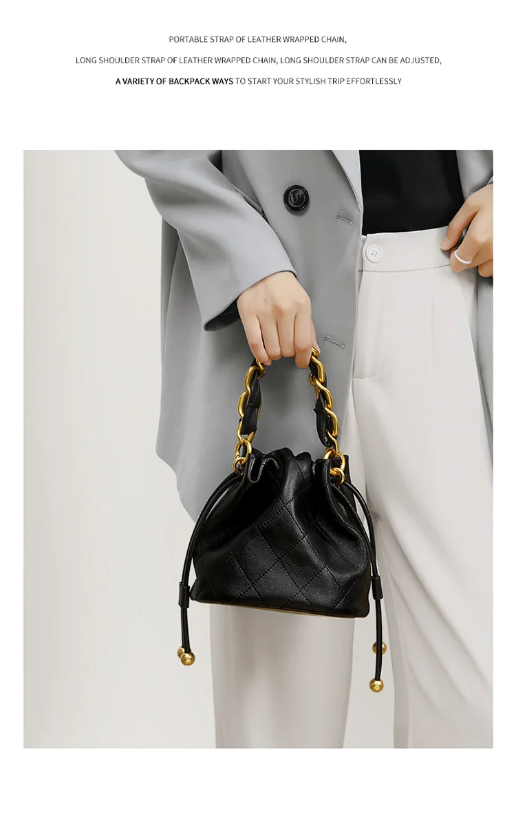 Toutou Genuine Leather Quilted Drawstring Bucket Bag For Women With ...