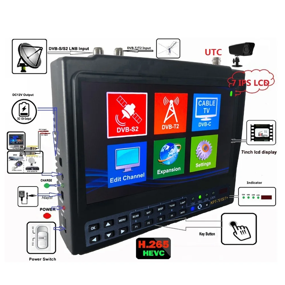 3-in-1 TV Signal Finder Meter DVB-S/S2 DVB-T/T2 DVB-C with AHD CCTV ...
