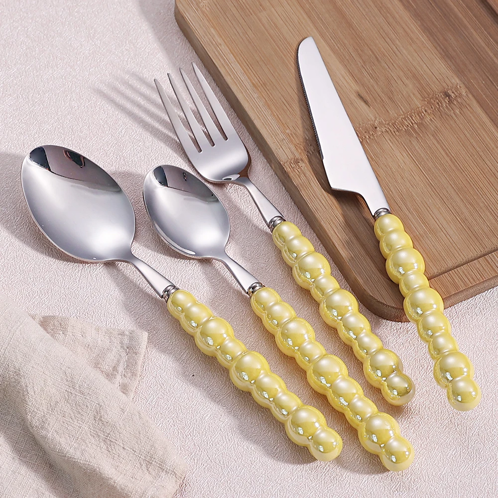INS Modern Elegant Silver White Pearl Handle Flatware Wedding Stainless ...