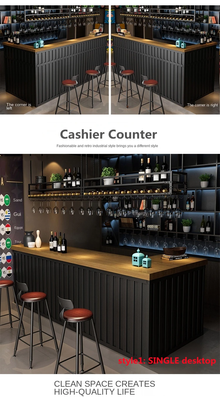 Retro Solid Wood Bar Counter with Wrought Iron Design for Restaurants ...