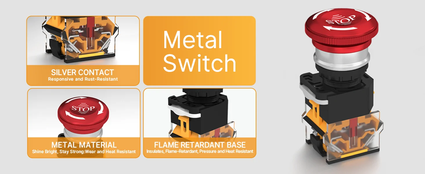 22MM Emergency Stop Button with Plastic E-Stop Box Metal 1NO 1NC ...