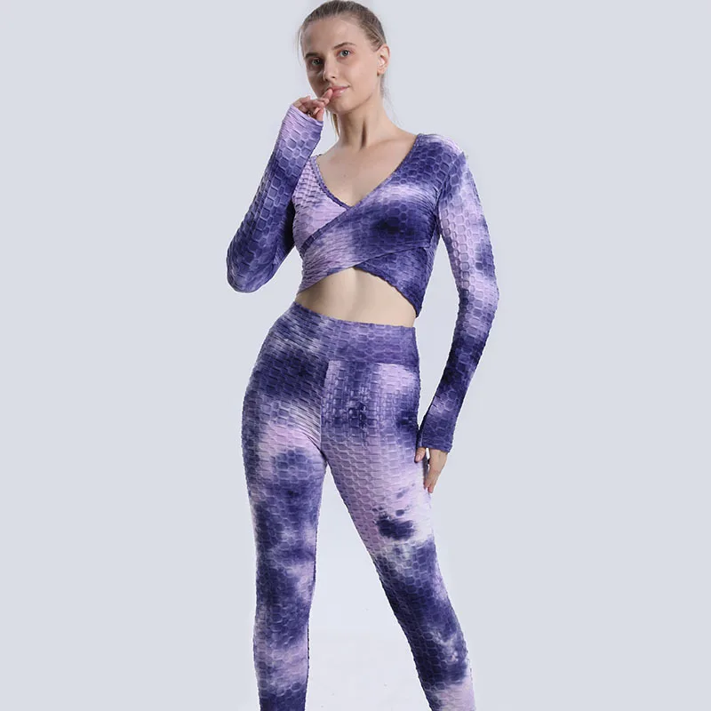 Pure Color Jacquard Bubble Workout Clothing Women Set Sexy Cross Top ...