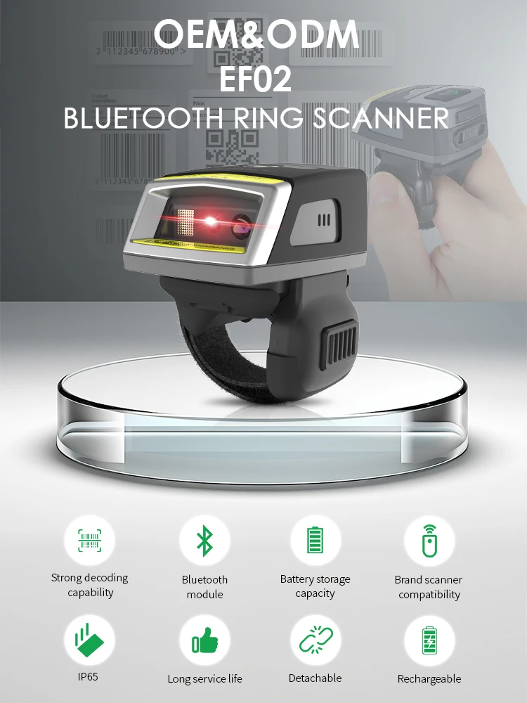 EF02 2D Finger Ring QR Barcode Scanner - Wireless & Rugged