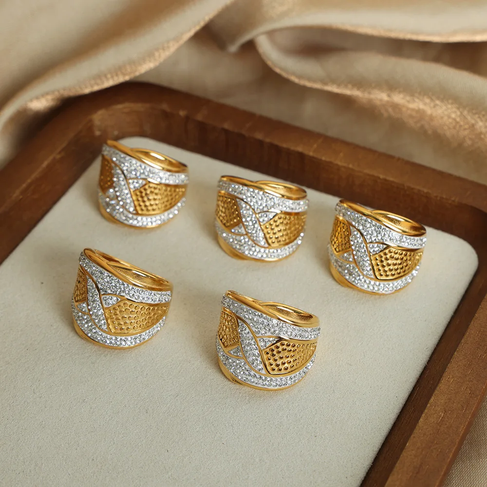 18k Gold Plated Stainless Steel Chunky Rings Non Tarnish Jewelry Cubic ...