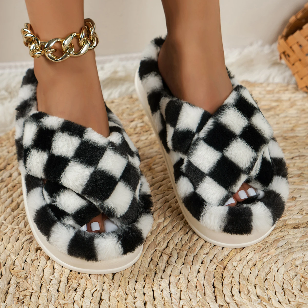 Custom Cotton Plaid Pattern Platform Slippers Casual Cross Strap Mules ...
