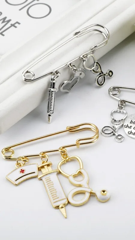 New Creative Gold Plated Dripping Oil Brooch Doctor Nurse Medical Tools ...