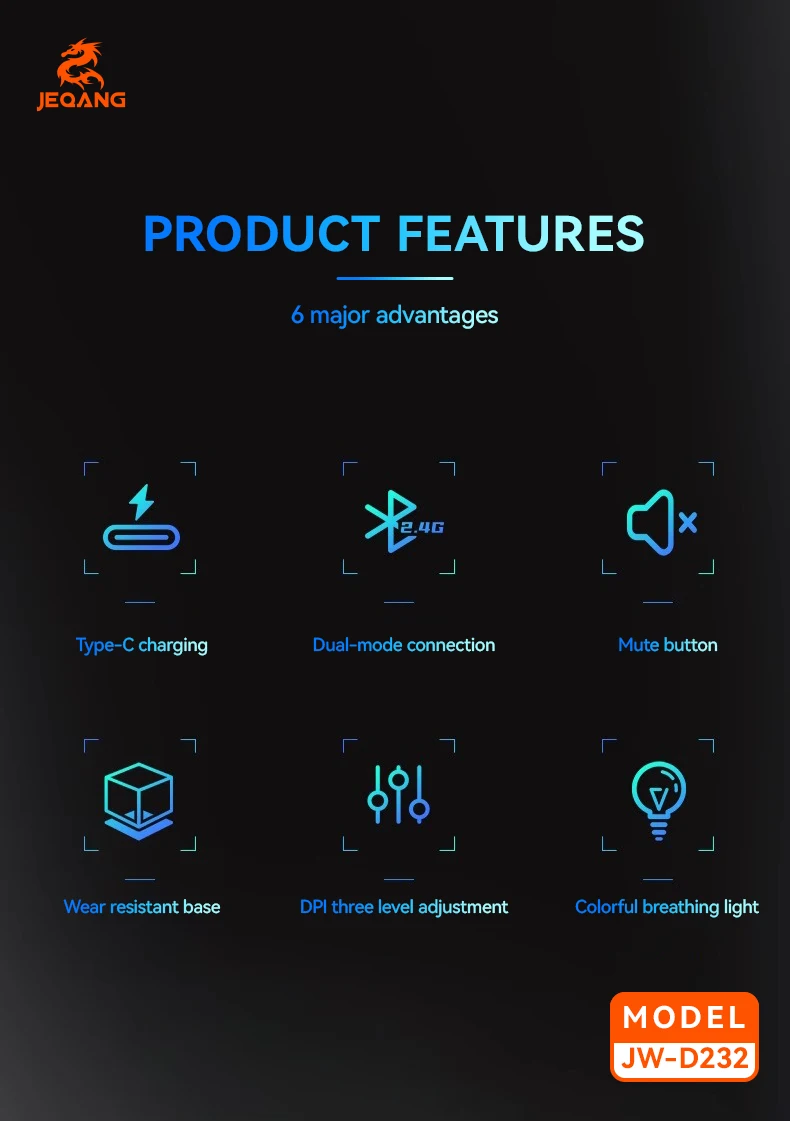 Jeqang JW-D232 RGB 2.4G BT Dual-Mode 6D Ergonomic Gaming Mouse Magnesium Alloy Hollow Design ...