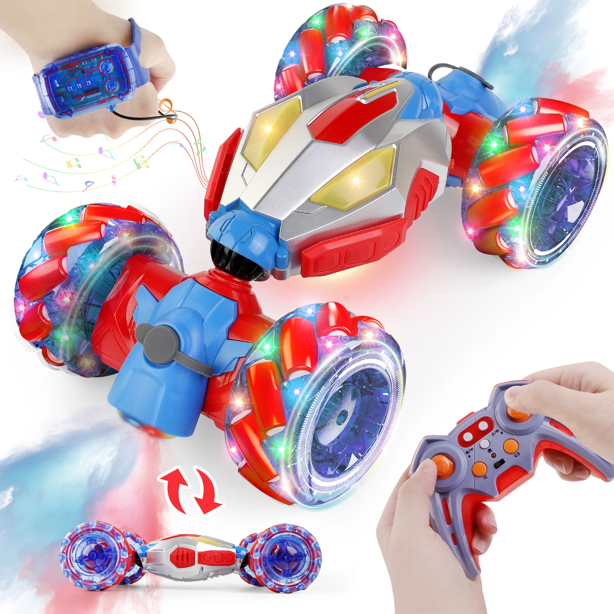 13-Channel 4WD Off-Road RC Transforming Car 1:16 Scale with Dual Spray 360° Spin Music Remote ...