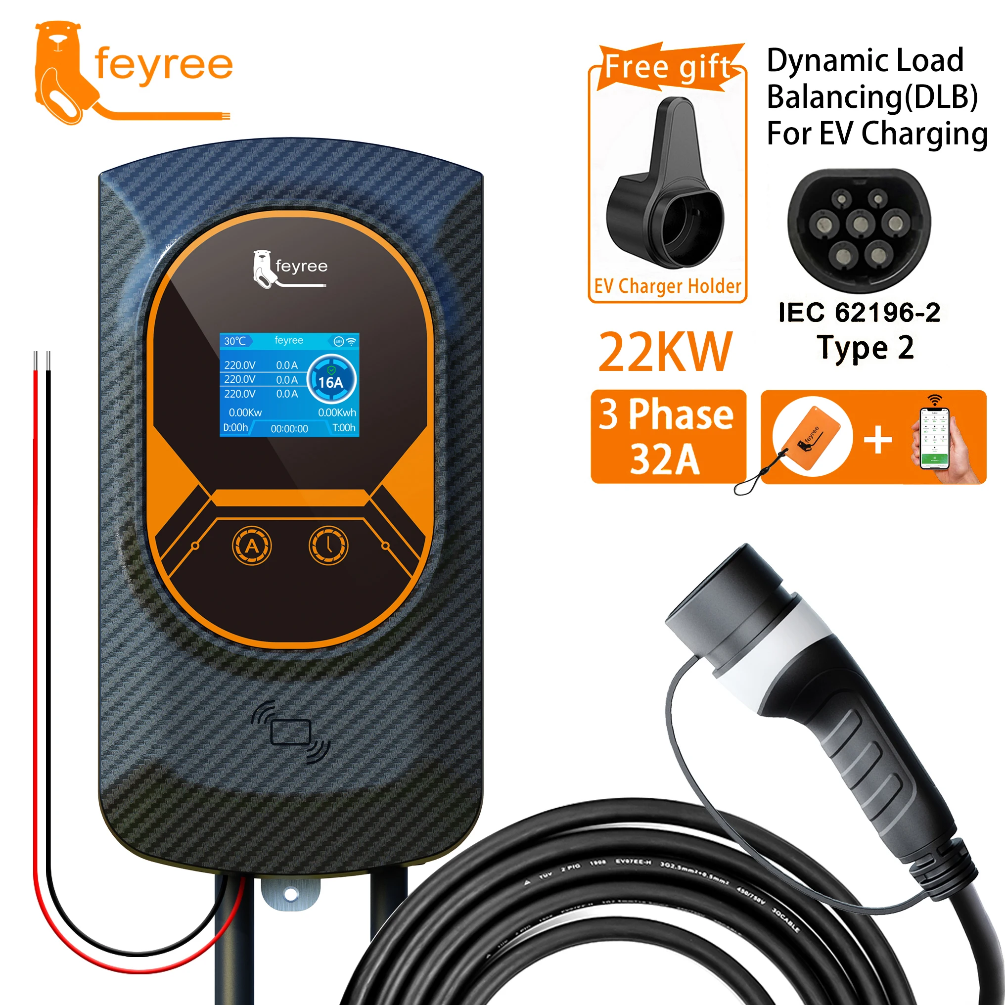 Feyree Dlb Ev Charger Type2 Ocpp 32a Load Balance Evse Wallbox App Function 11kw/22kw Ev Fast ...