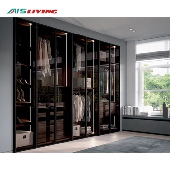 Ais Living High Quality Modern Wooden Customized Bedroom Wall Cabinet Black Glass Door Wardrobe ...