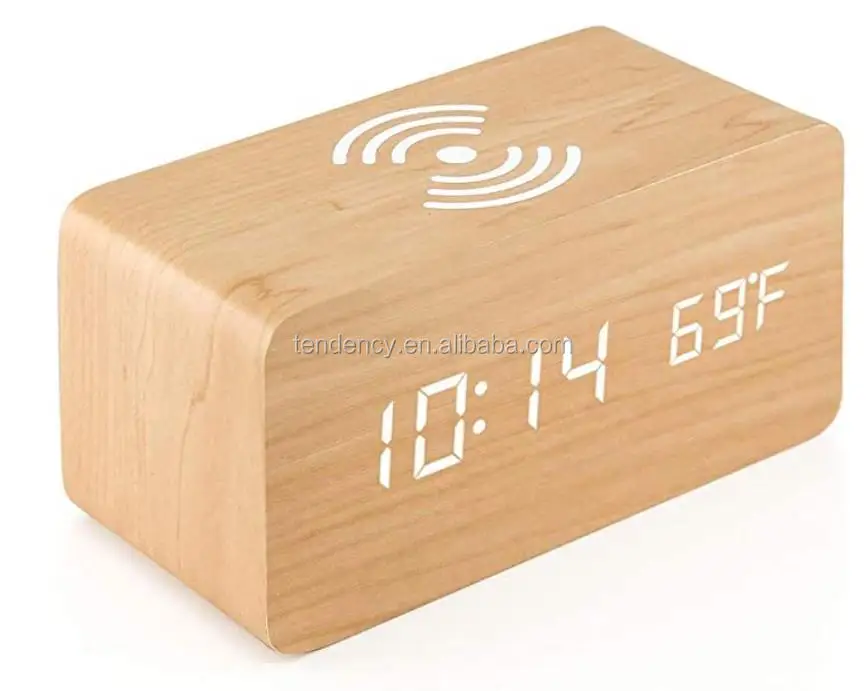 Hot Clock Time Temperature Qi Wireless Charger Wood Led Digital Clock ...