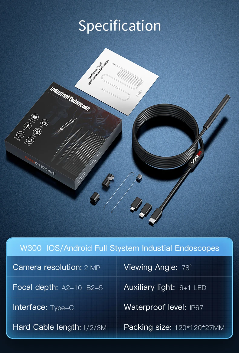 W400-B Type-C & Lightning 1440P Mini Endoscope Camera - Waterproof, 8 ...