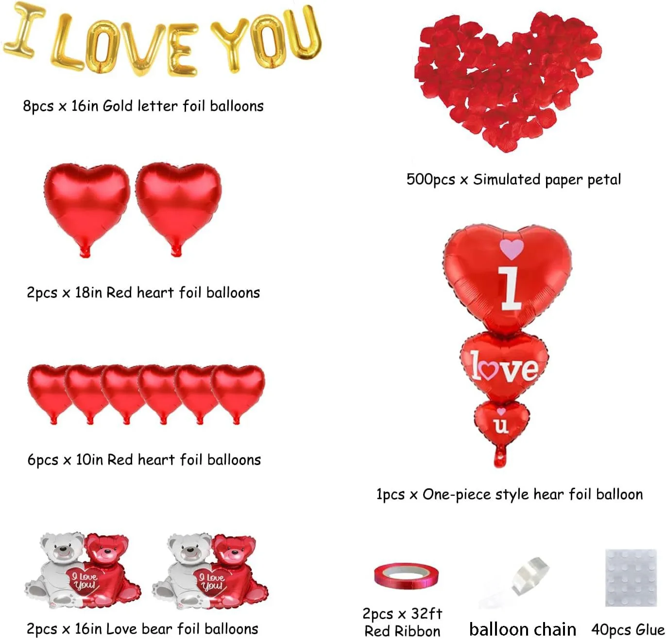 I Love You Balloons Heart Balloons Kit With Silk Rose Petals Wedding ...