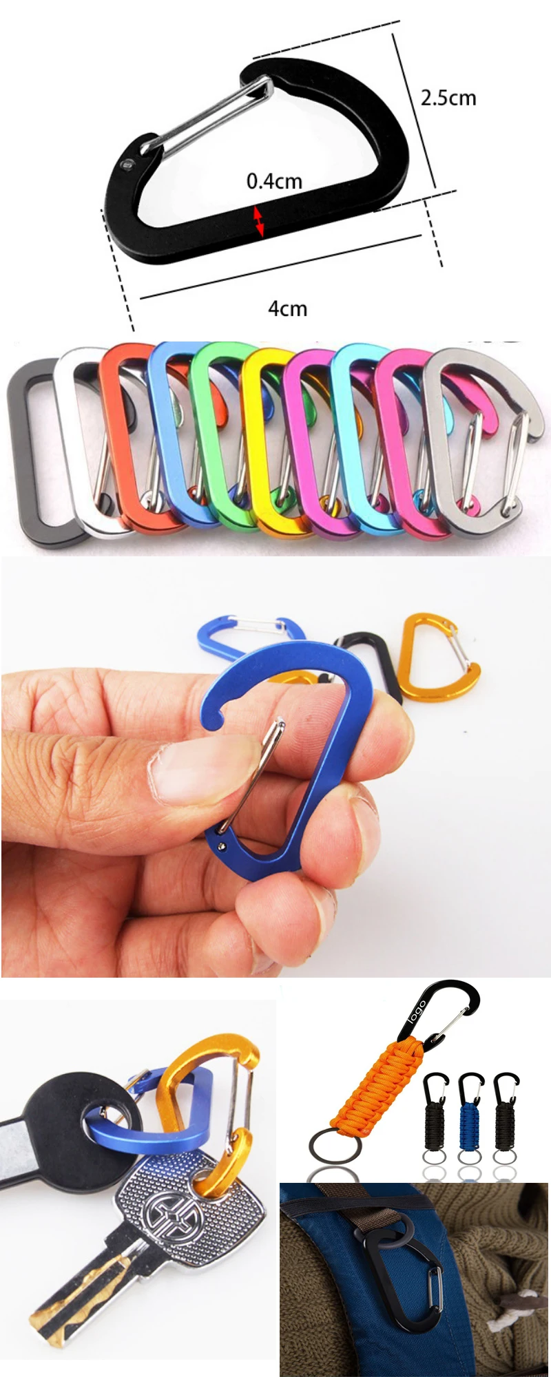 4cm Small Mini D Shape Carabiner Flat Aluminum Carabiner Clip Keychain ...