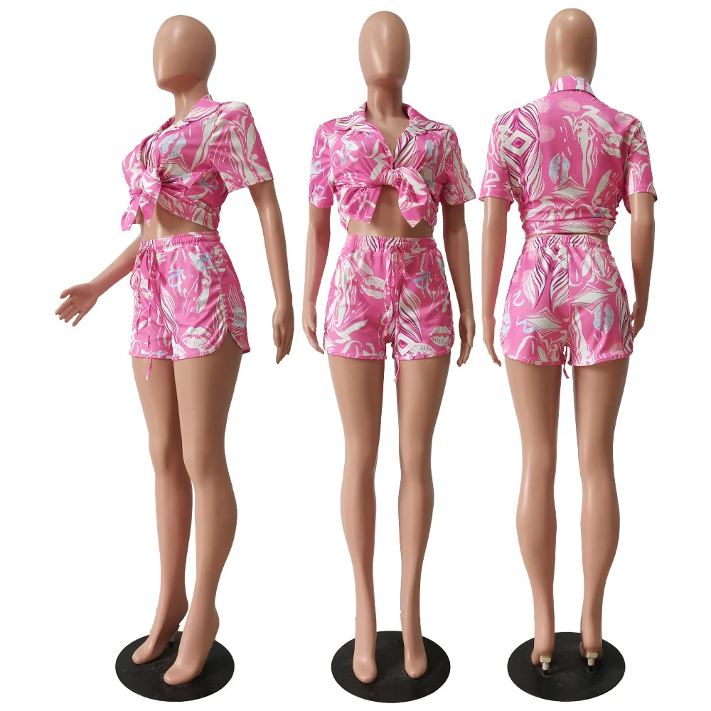 Sharee Women Summer Print Multicolor Short Sleeve 2 Piece Shirt Short ...