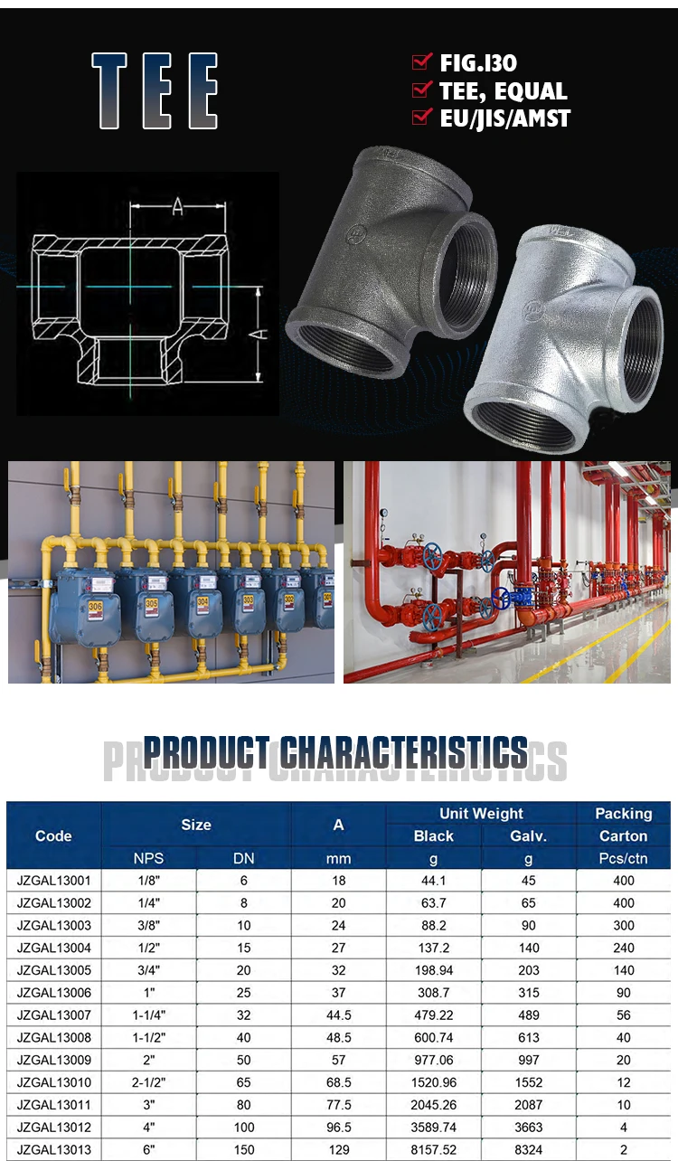 JIANZHI Cast Iron Malleable Iron Equal Reducing Tee Galvanized and Black Tee Pipe Fittings ...
