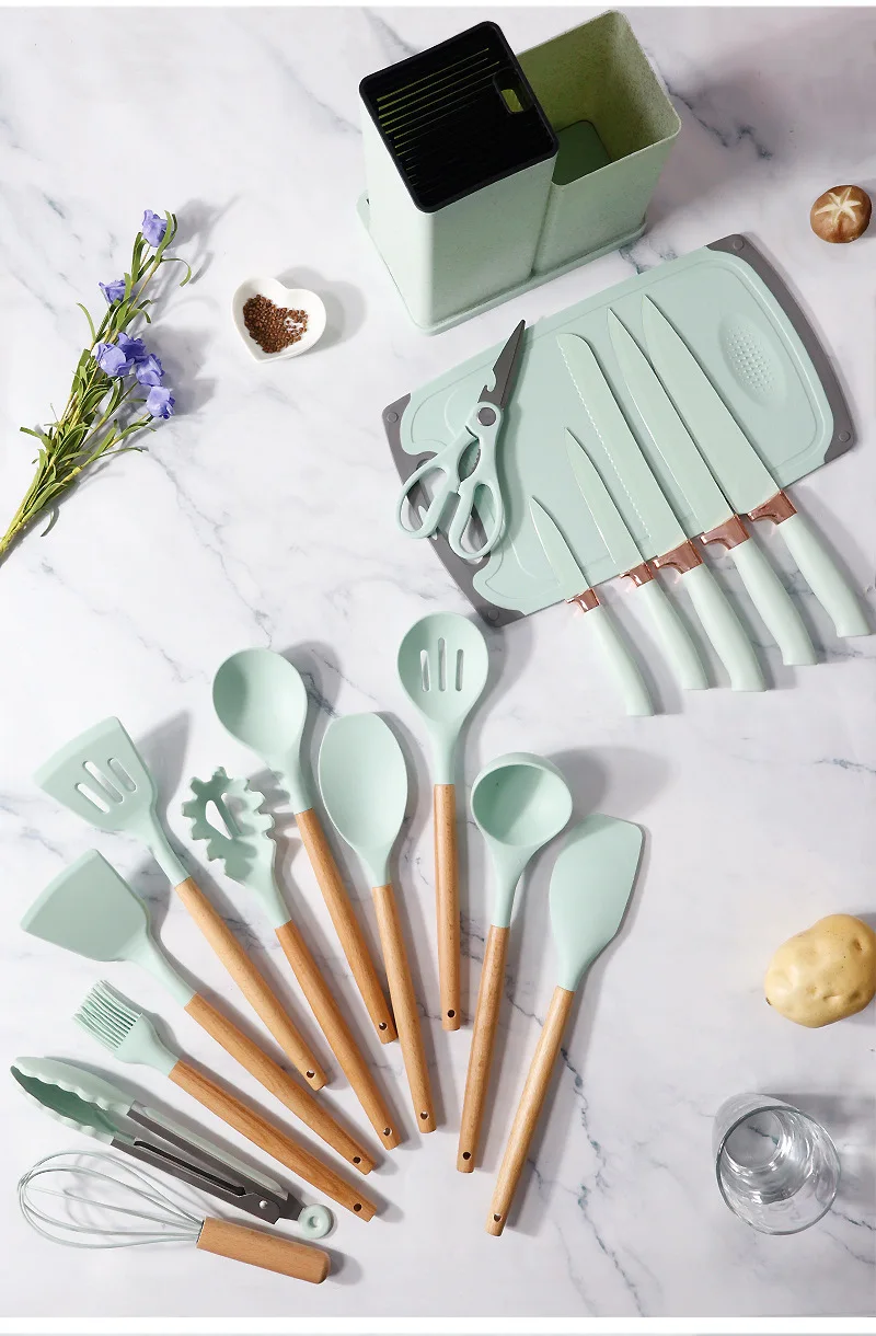 19-piece Silica Gel Kitchen Utensil Set with Wooden Handle