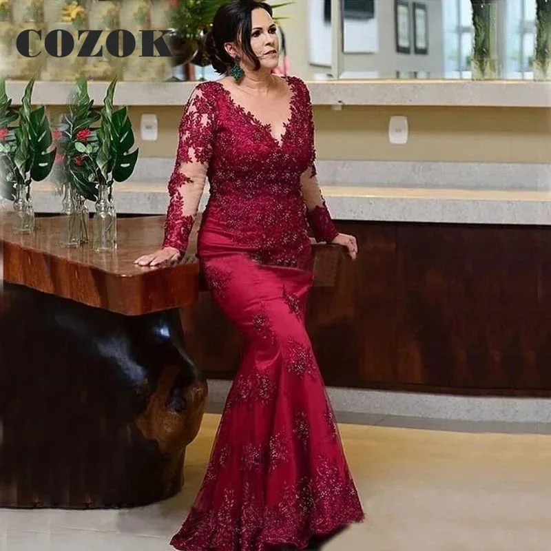 2023 New Arrival Red Appliqued Mother of the Bride Dresses Long Sleeves ...