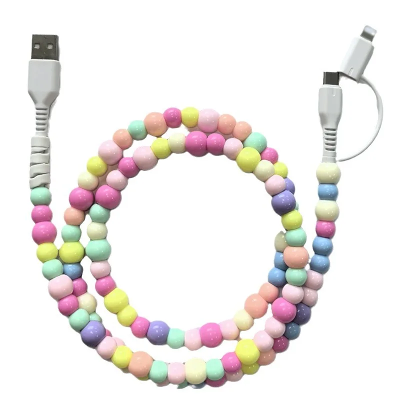 Handmade Data Cable Creative 2 in 1 Pearl Acrylic Pastel Beaded PD Type ...
