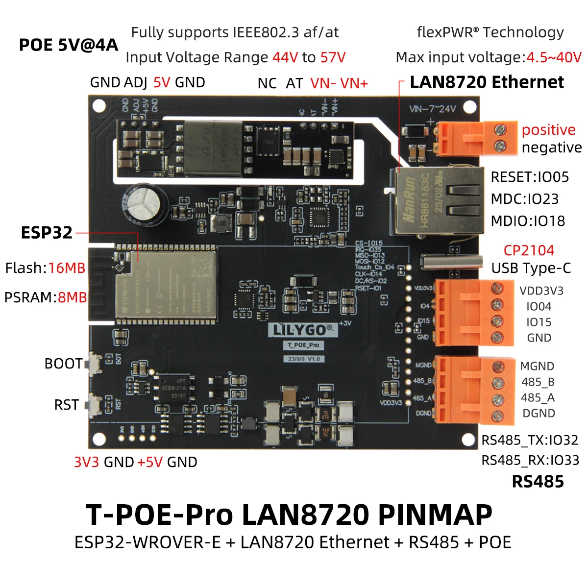 Lilygo T-poe-pro Esp32 Programmable Development Board Esp32-wrover-e + Lan8720 Ethernet + Rs485 ...