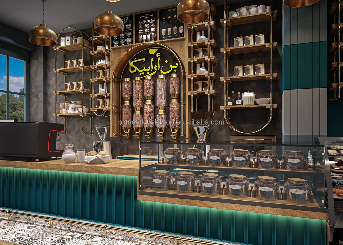 Retail Coffee Shop Counter Coffee Bean Display Shelves Cake Pastry Shop ...