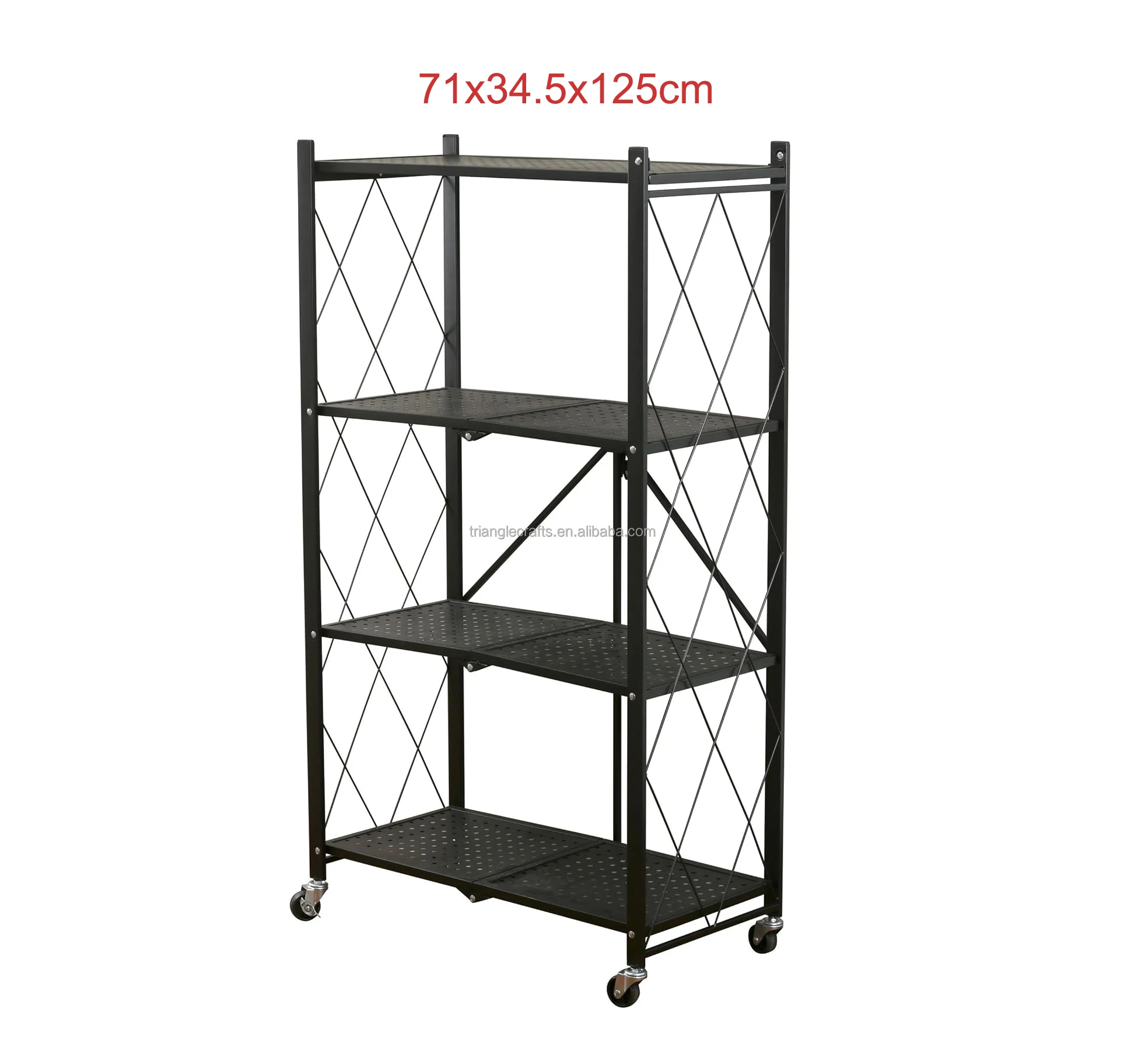 4-tier Foldable Storage Shelf With Wheels Black Folding Shelving Unit ...