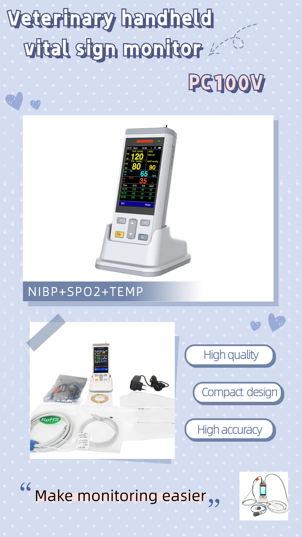 Veterinary Handheld Vital Sign Monitor SPO2 NIBP TEMP Widely Used for ...
