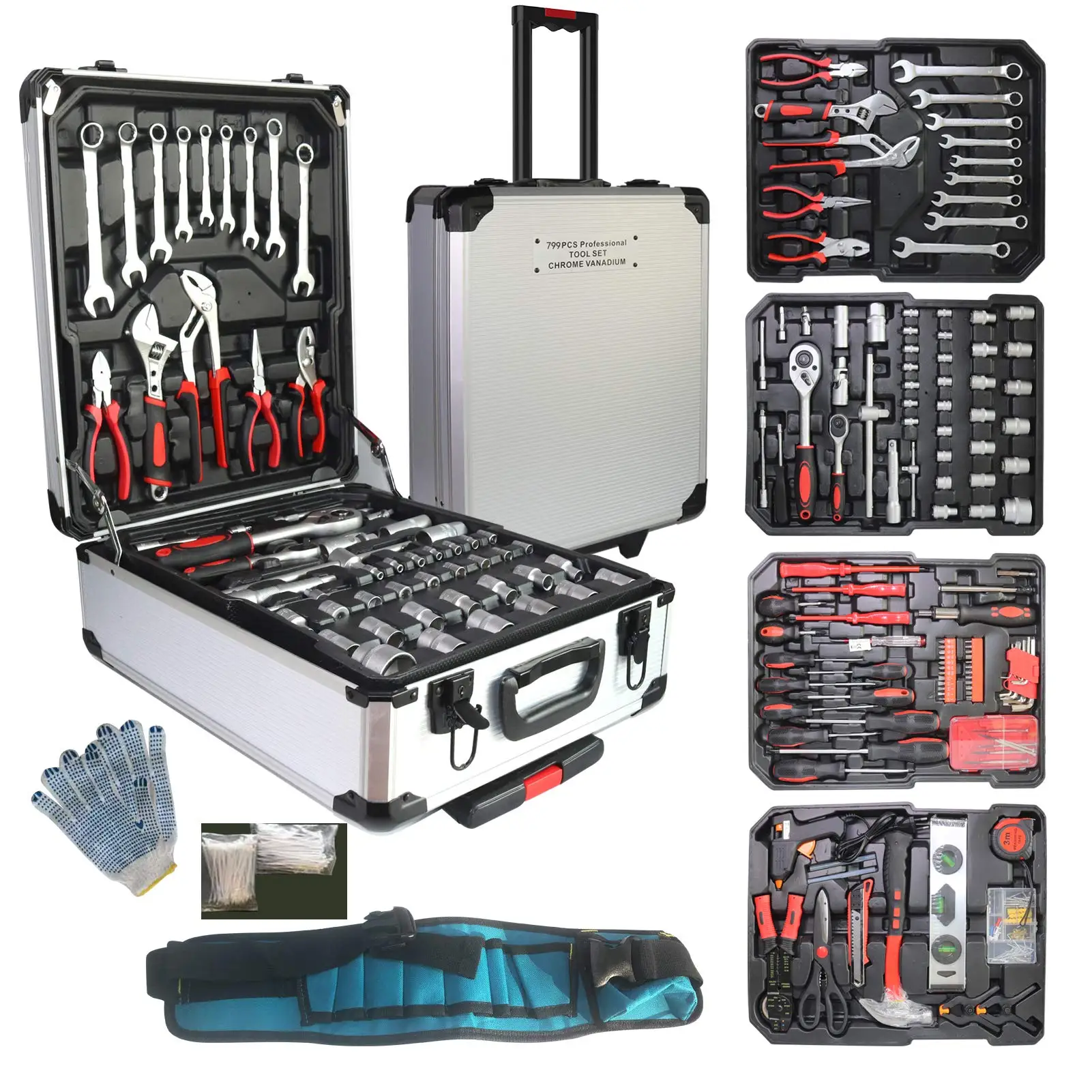 799pcs Aluminum Trolley Case Tool Set Silver House Repair Kit Set ...