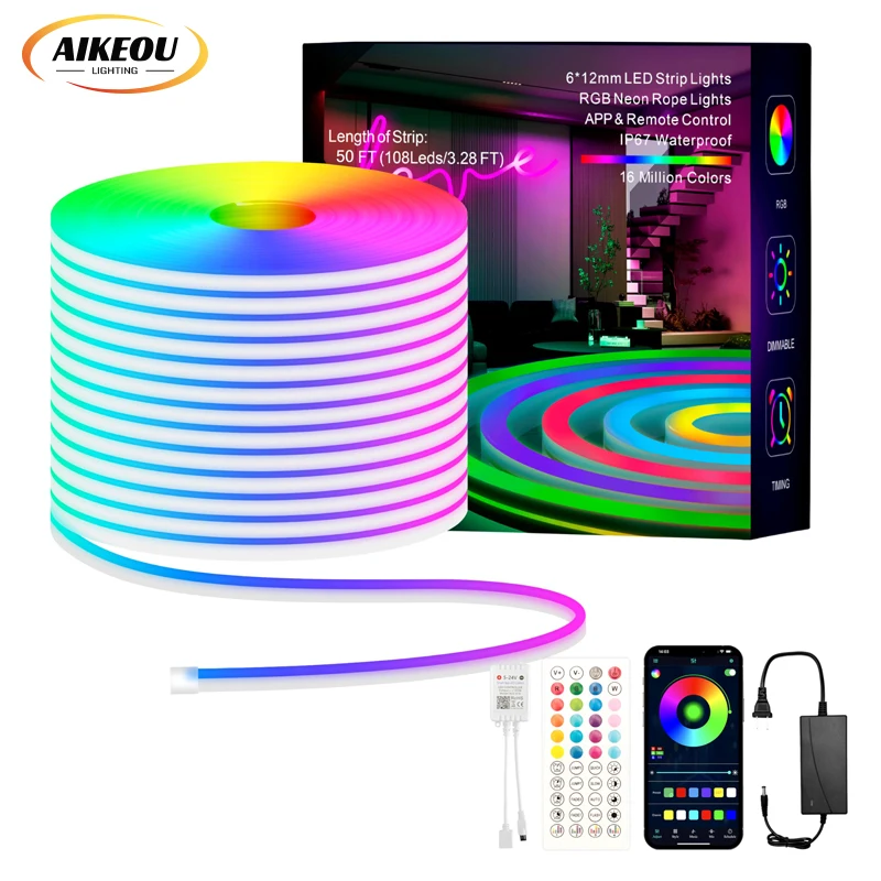 6x12 Flexible IP67 RGB Neon Rope Light - 50000 Hours Lifespan