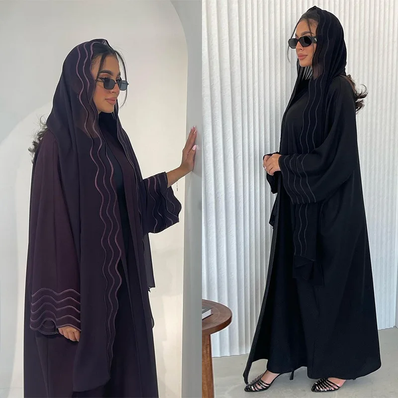 Muslim Hijab Abaya for Eid Women Open Embroidery Abaya with Scarf ...