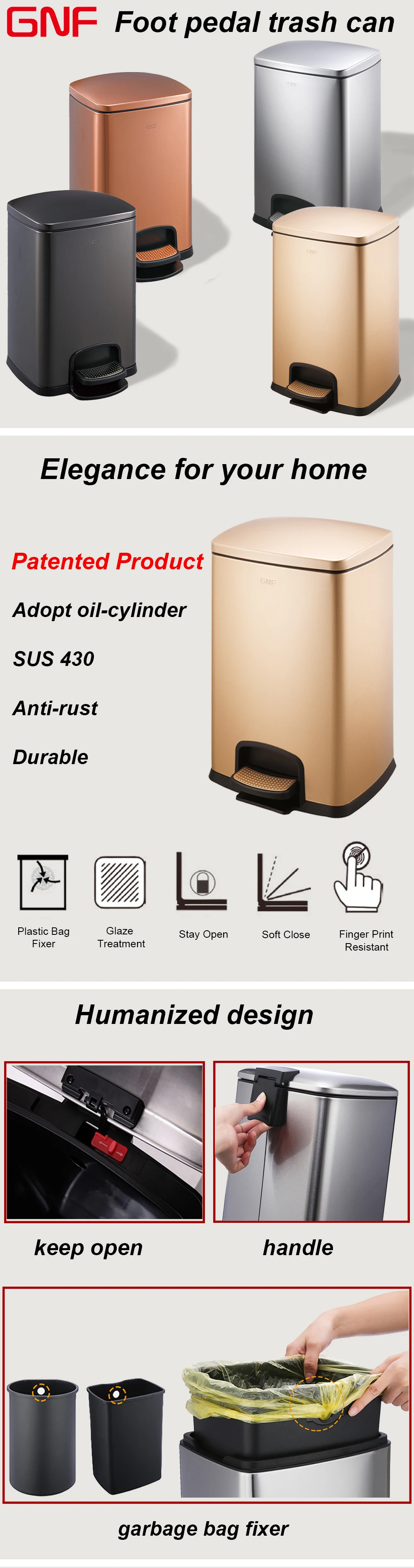 GNF 12L Foot Pedal Trash Can - Stainless Steel & Sustainable