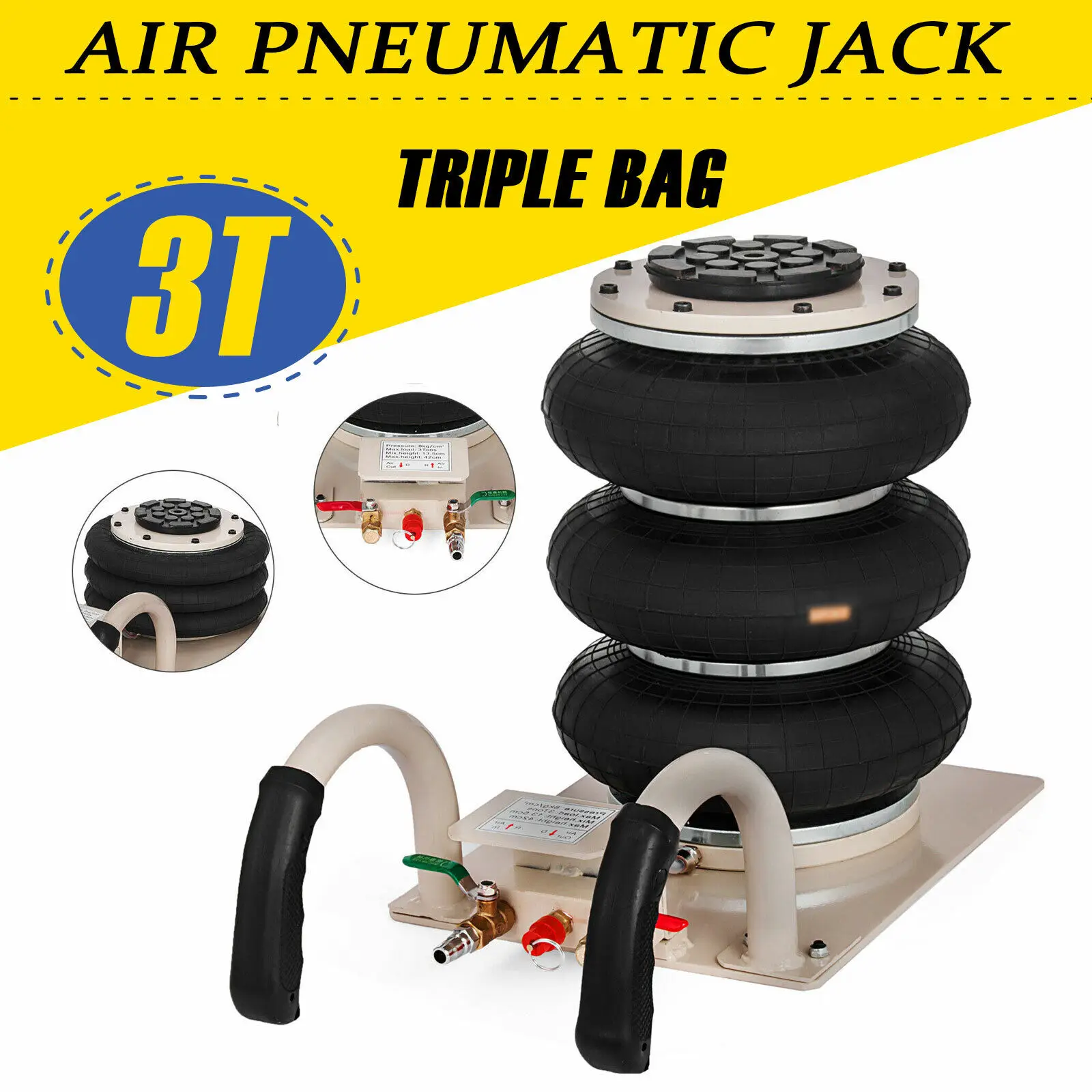 3Ton Triple Bag Air Pneumatic Jack 6600lbs Heavy Duty 15.75" Height ...