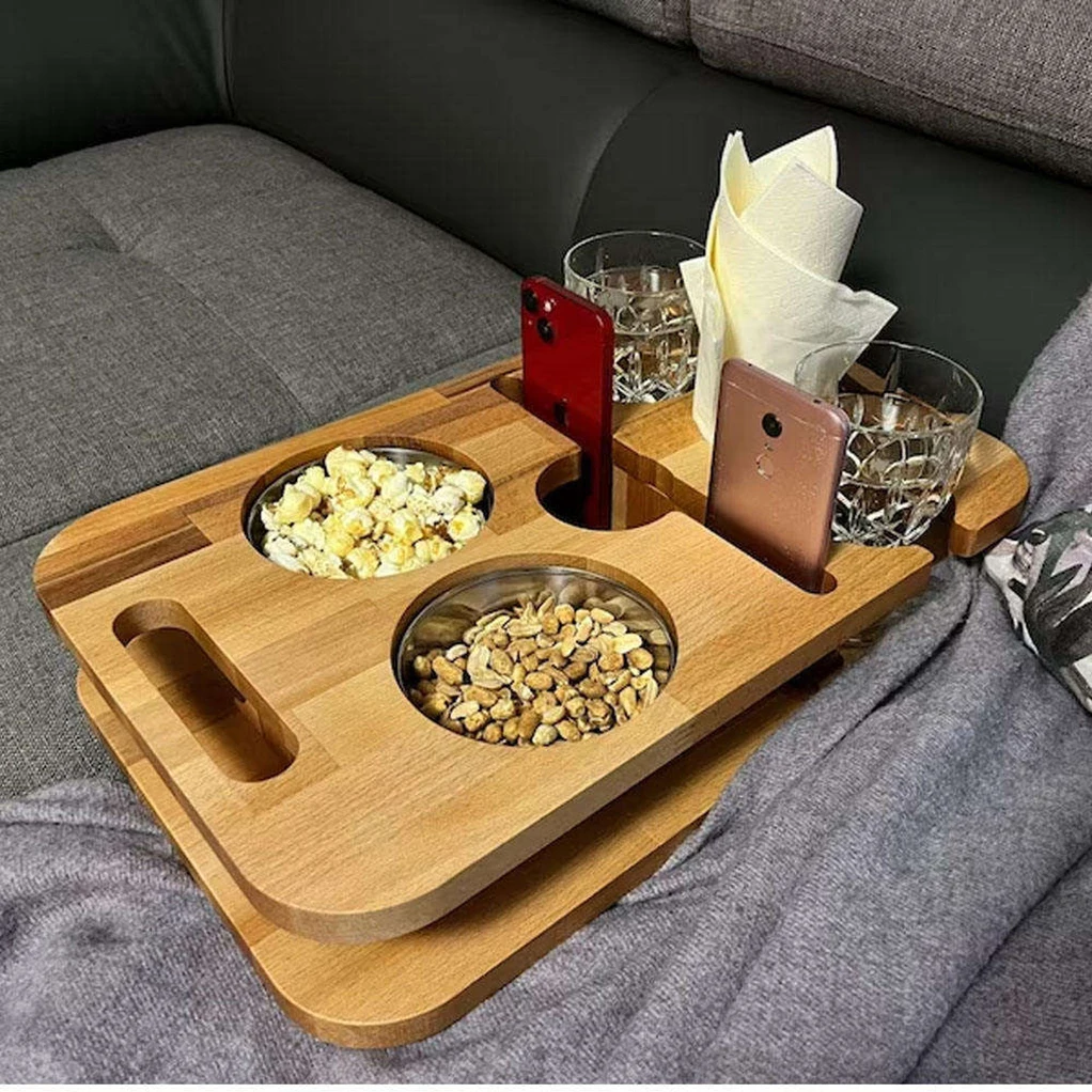 Custom Bamboo Couch Cup Holder Tray Sofa Arm Table Tray For Drink Snack ...