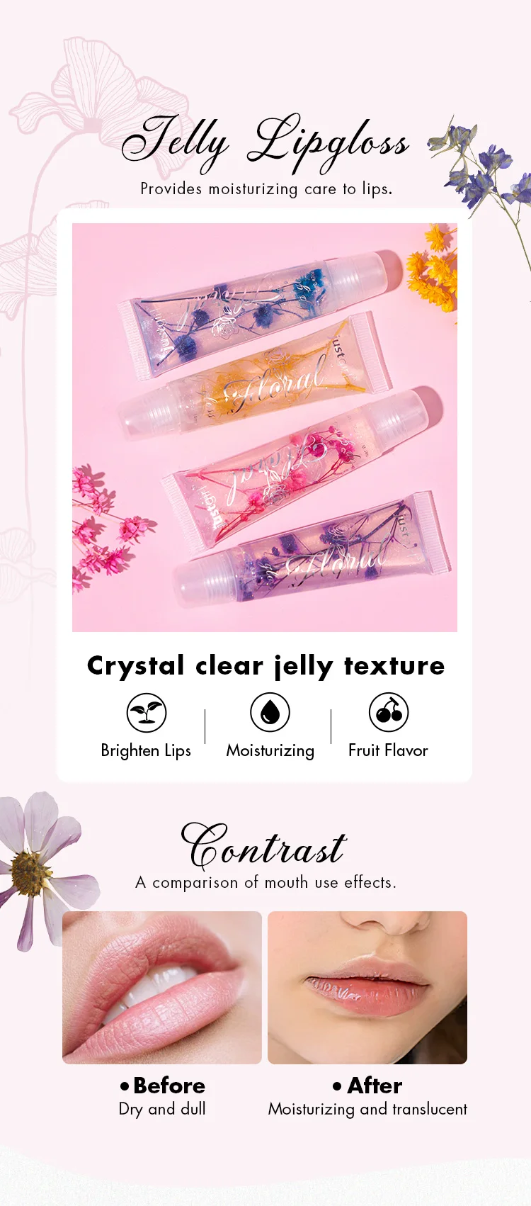 Clear Lip Oil Colorless Transparent Flower Beads Moisturizing Anti Cracking Lipstick Fruit Lip ...