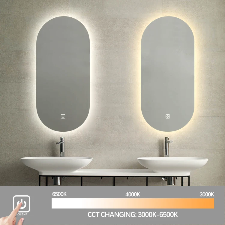 Oval Egg Shape LED Bathroom Mirror with Clock & Touch Switch